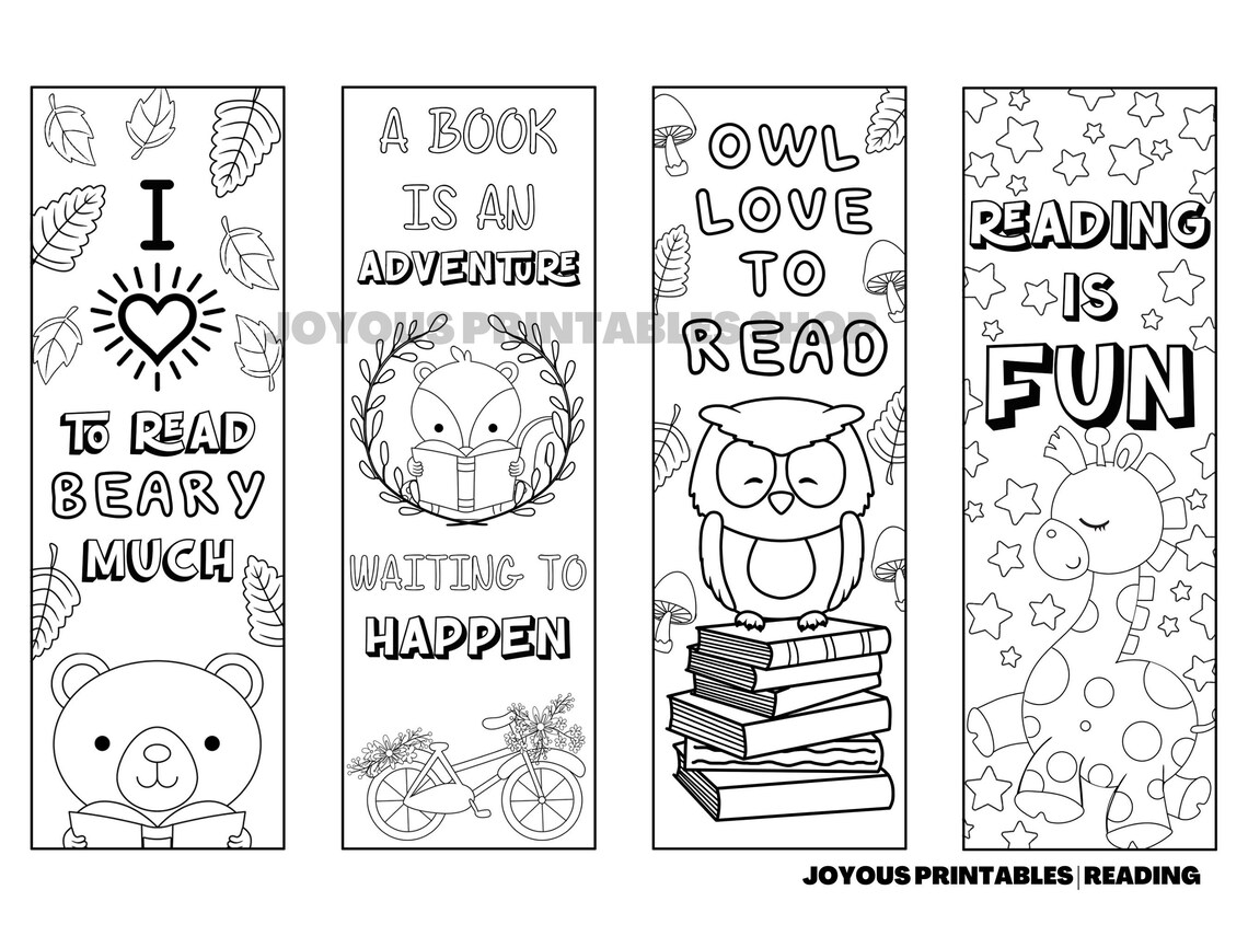 Set of 4 I Love Reading Printable Bookmarks, Animals Reading Coloring ...
