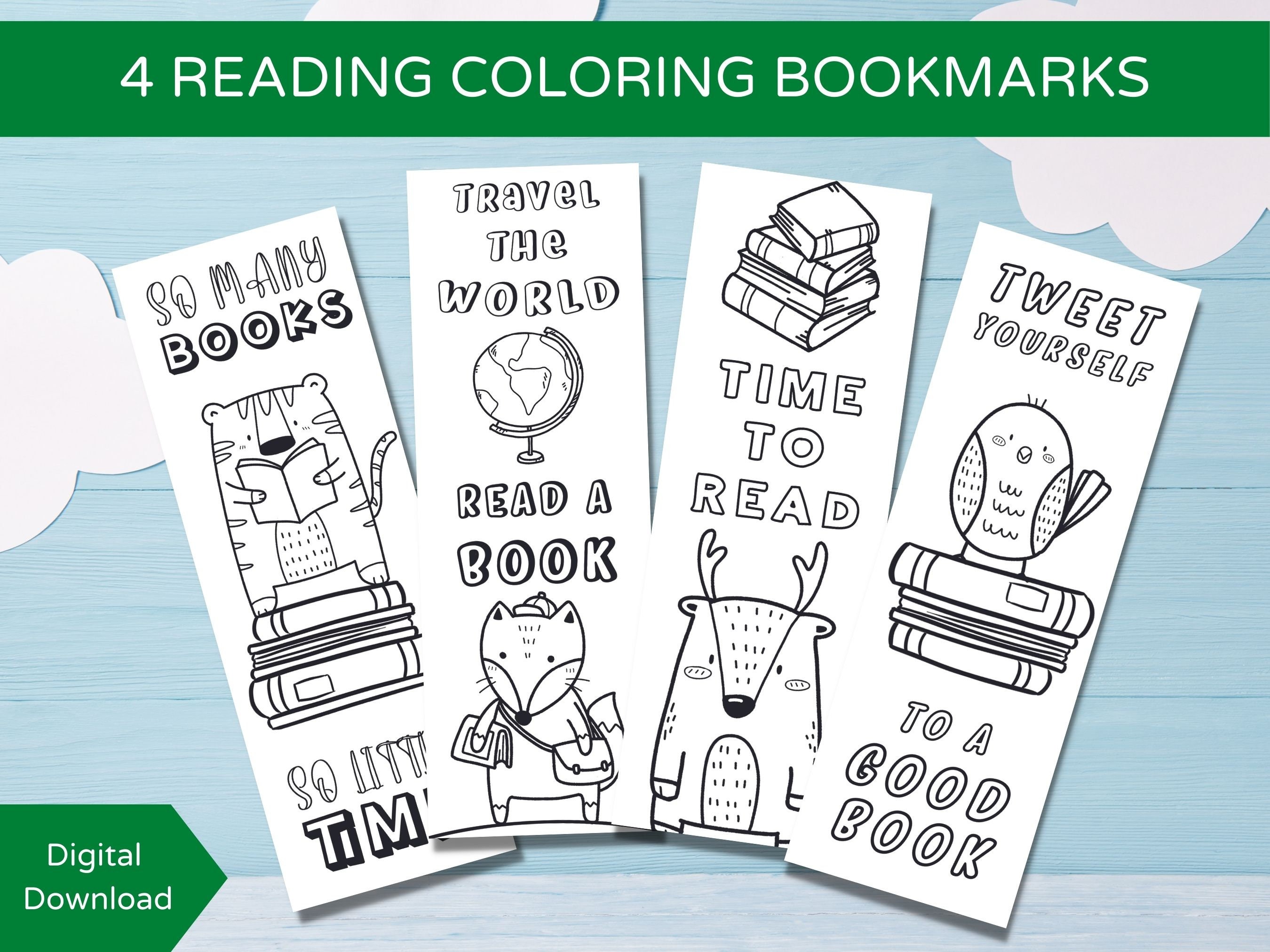 Set of 4 Reading Sayings Printable Bookmarks, Animal Coloring Bookmarks ...