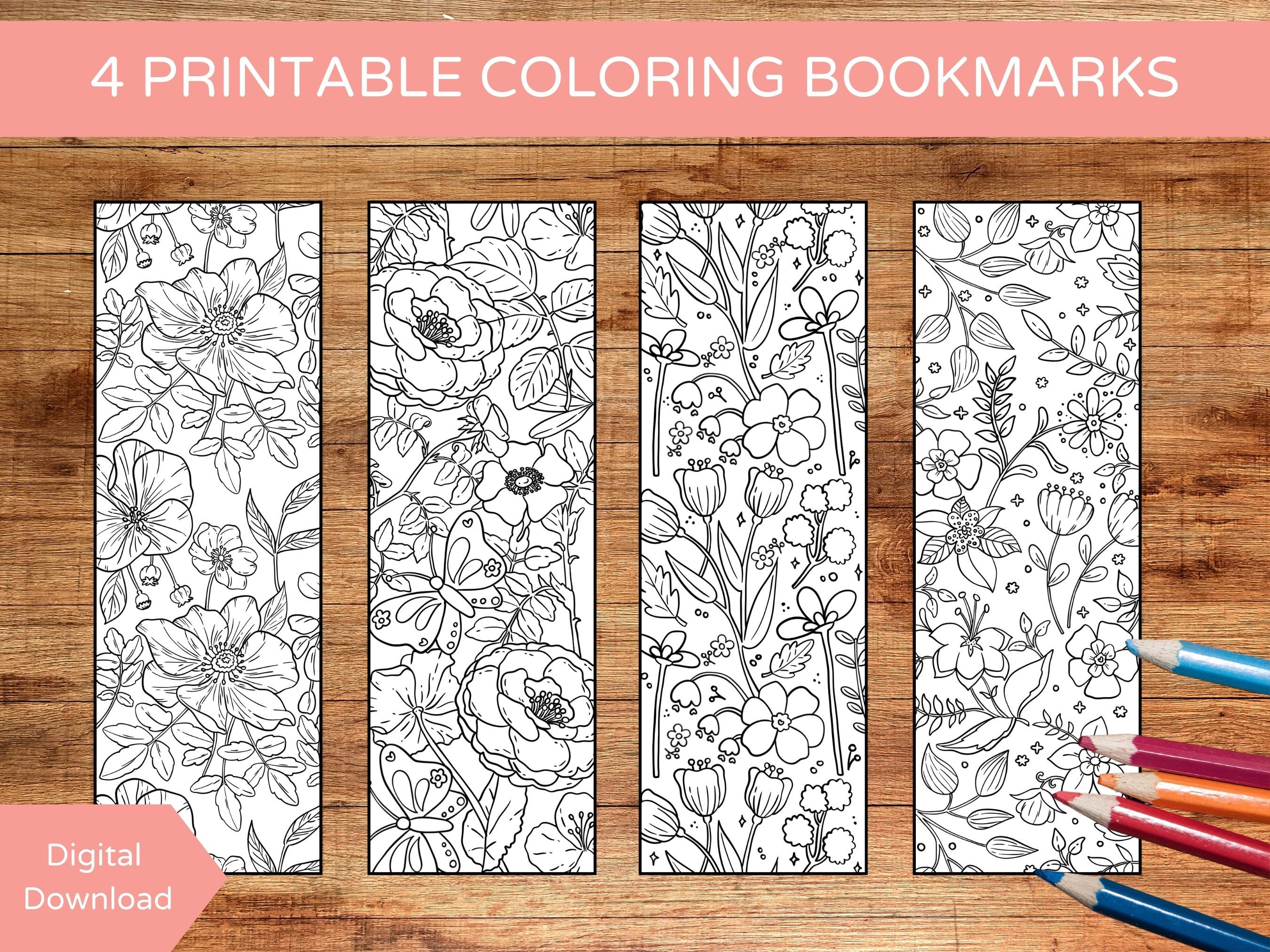 Flower-themed Coloring Bookmarks, Printable Bookmark Set, Digital ...