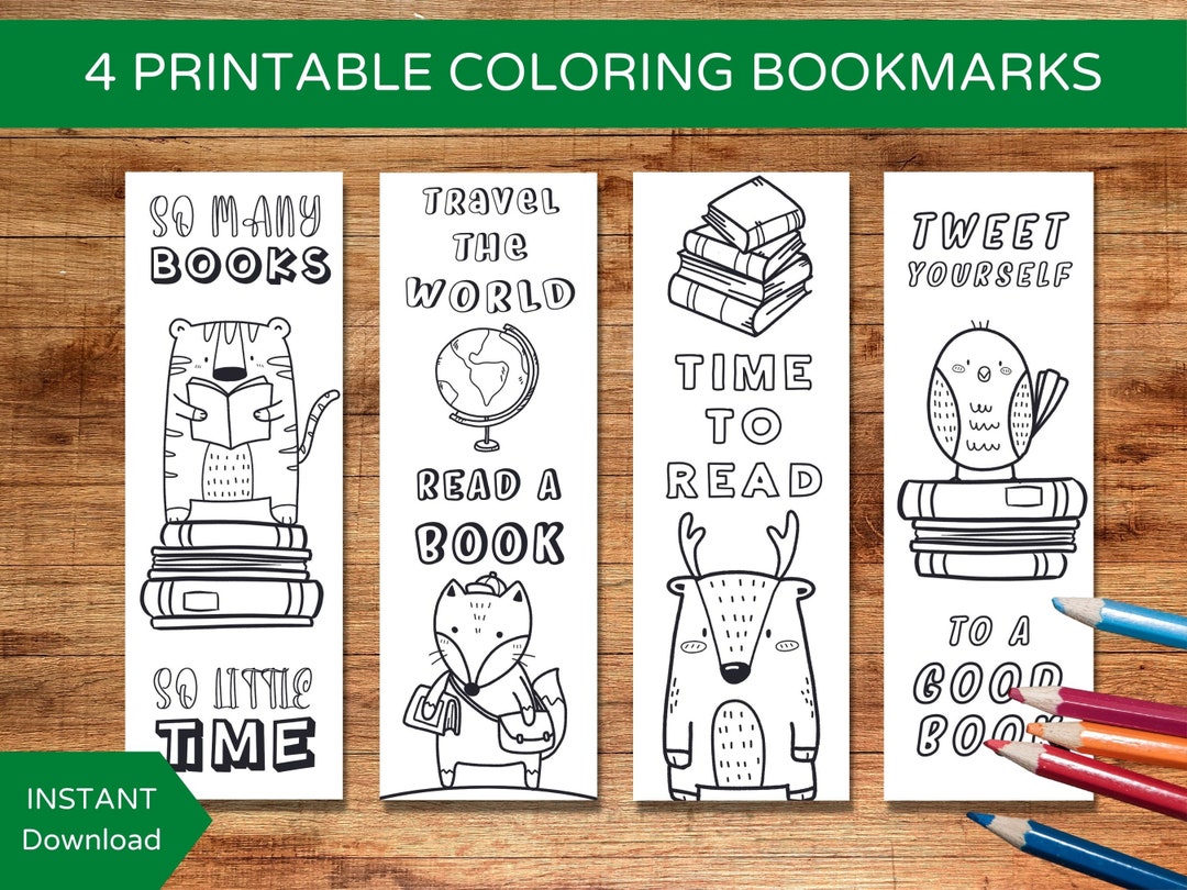 Set of 4 Reading Sayings Printable Bookmarks, Animal Coloring Bookmarks ...