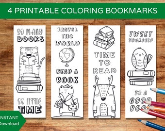 Set of 4 I Love Reading Printable Bookmarks, Animals Reading Coloring ...