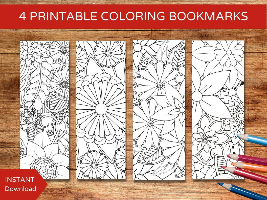 Set of 4 Flower Bookmarks to Color, Printable Floral Bookmarks ...