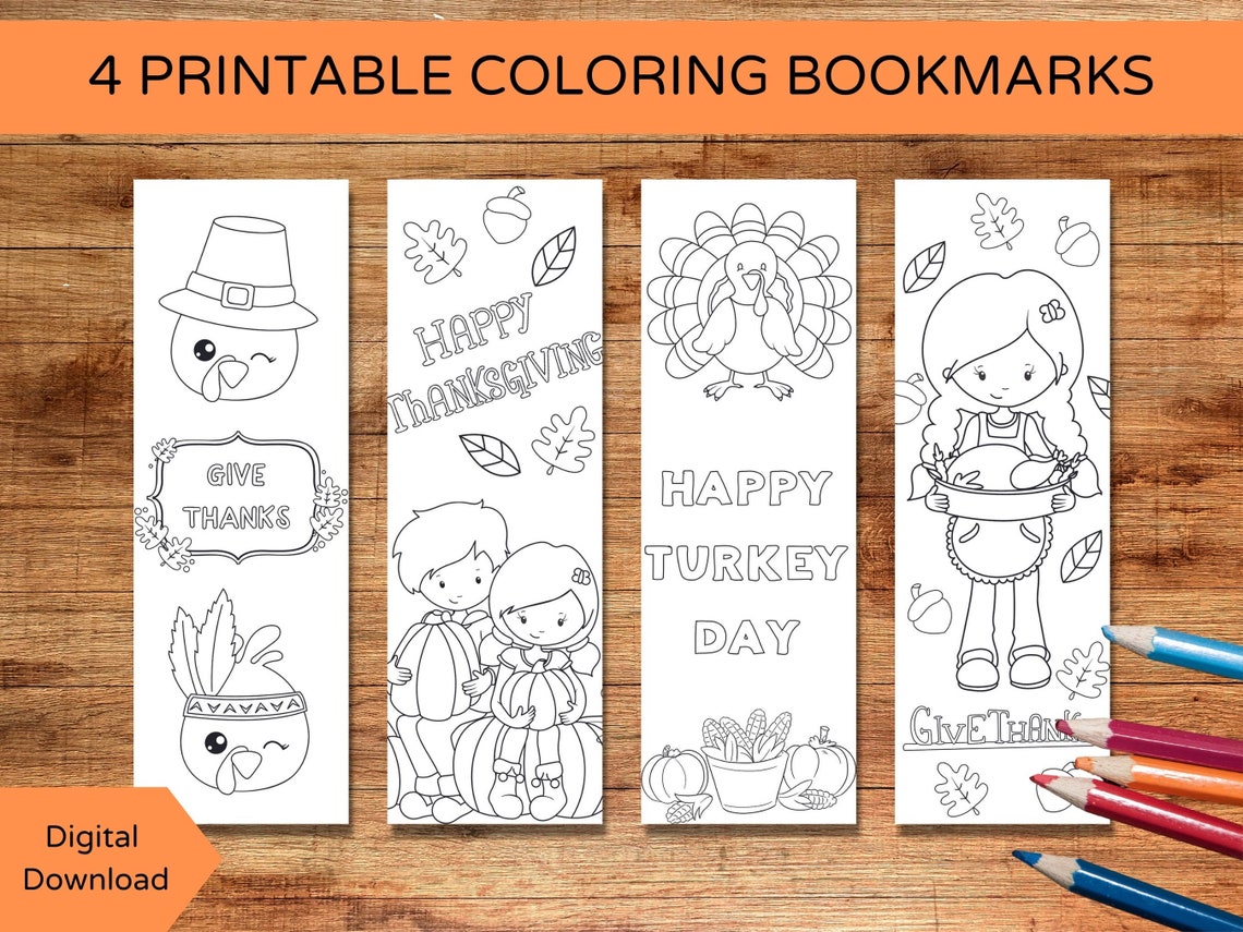 Set of 4 Thanksgiving Coloring Bookmarks, Fall Printable Bookmarks ...