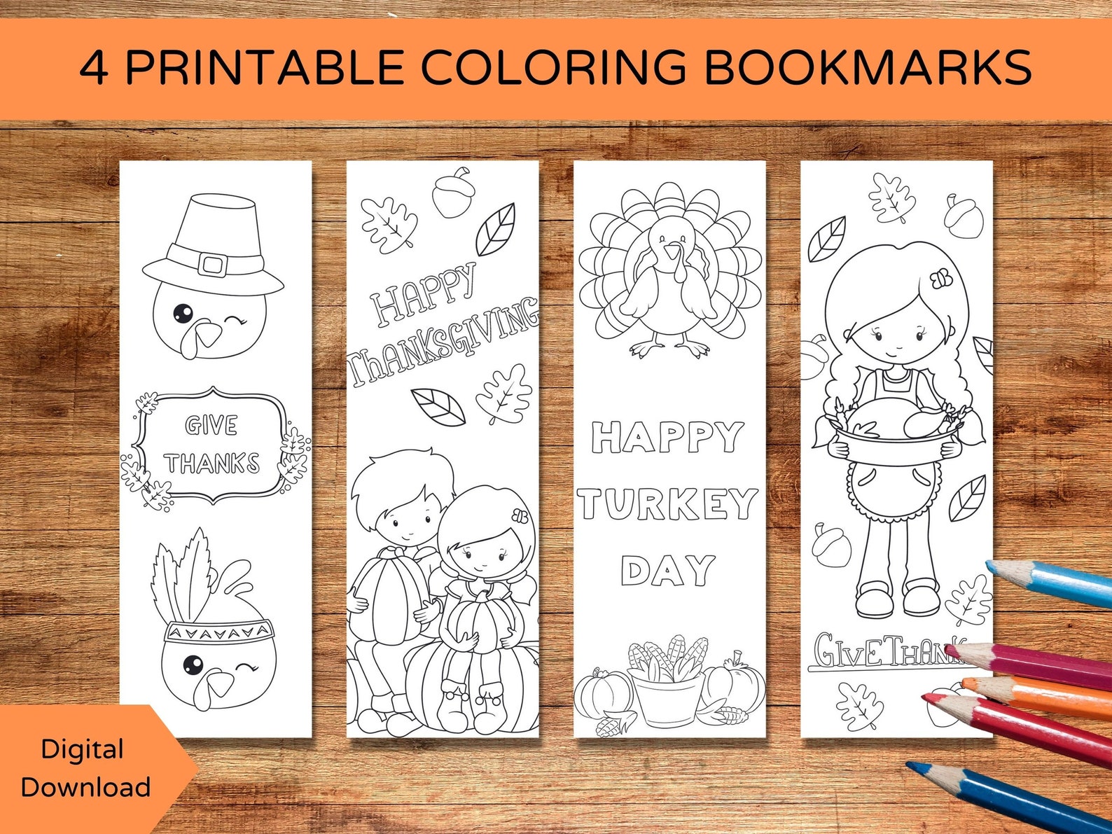 Set of 4 Thanksgiving Coloring Bookmarks, Fall Printable Bookmarks ...