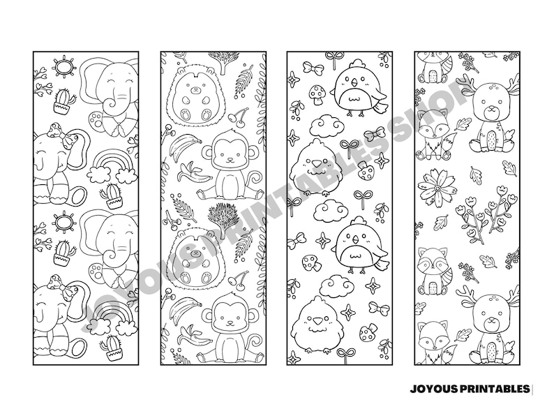 Set of 4 Cute Animal Bookmarks to Color, Printable Animal Bookmark Set ...