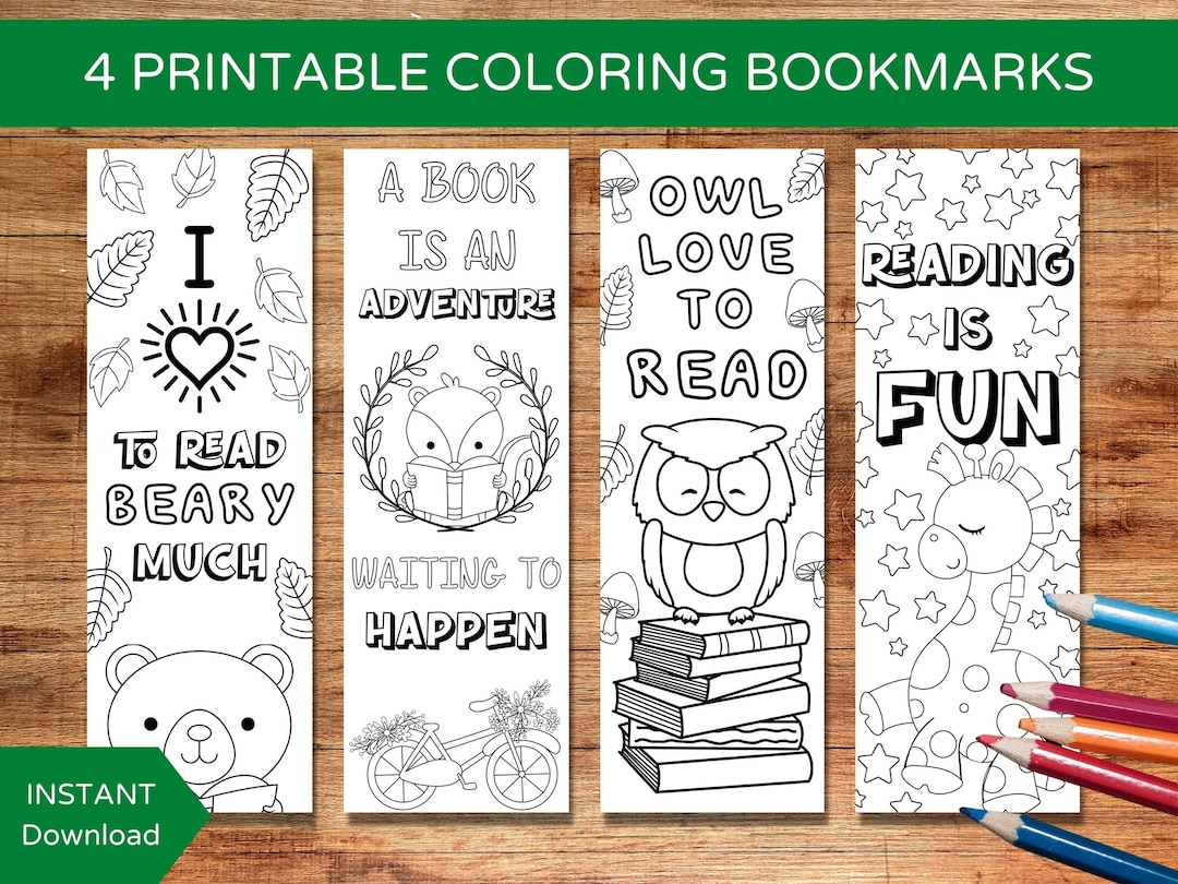 Set of 4 I Love Reading Printable Bookmarks, Animals Reading Coloring ...