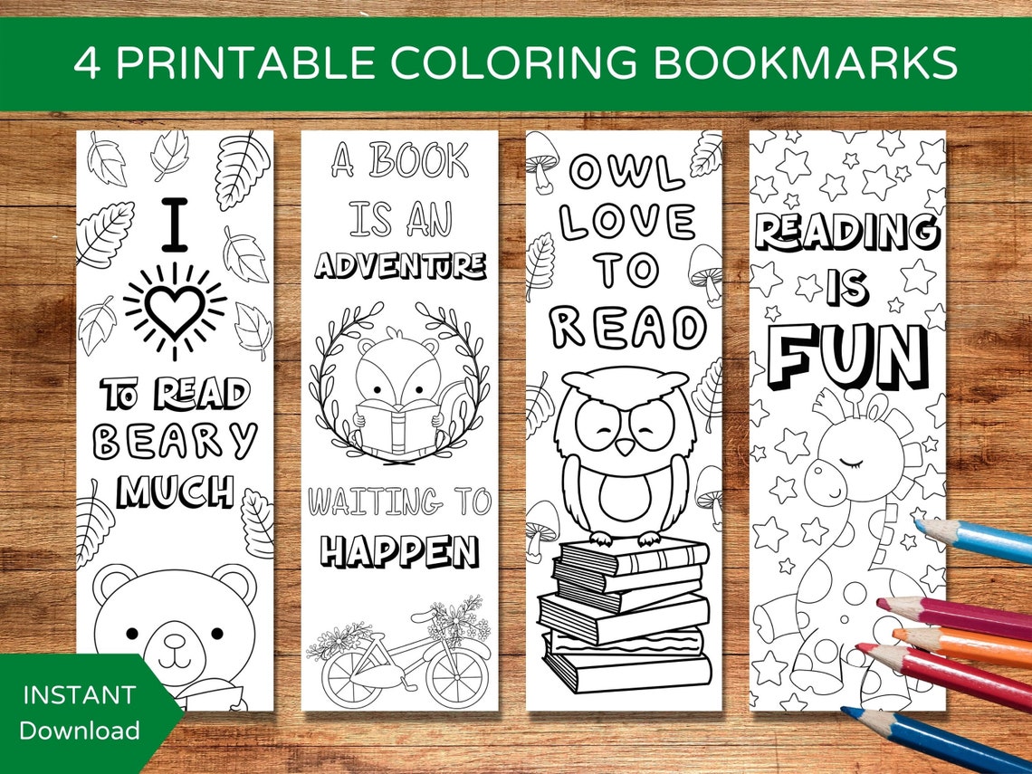 Set of 4 I Love Reading Printable Bookmarks, Animals Reading Coloring ...
