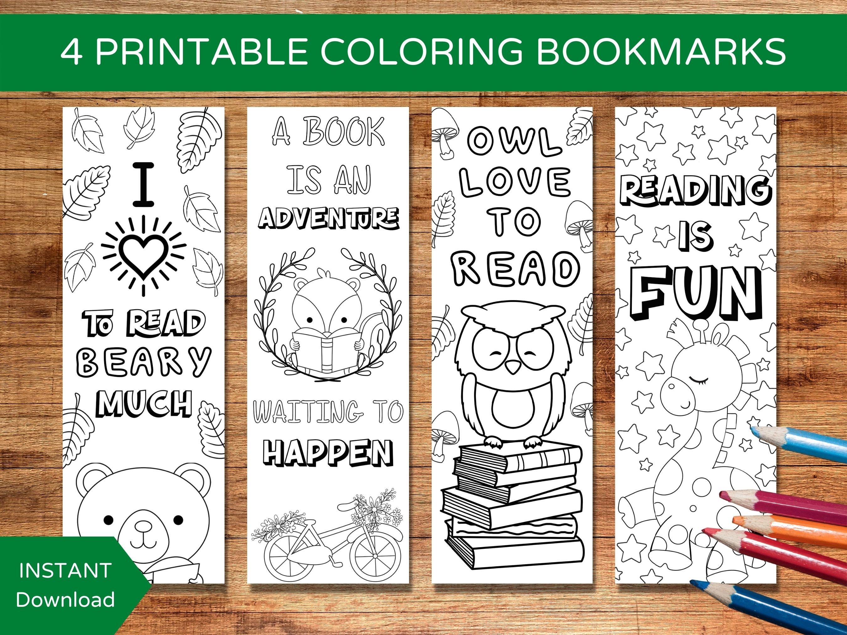 Set of 4 I Love Reading Printable Bookmarks, Animals Reading Coloring ...