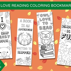 Set of 4 I Love Reading Printable Bookmarks, Animals Reading Coloring ...