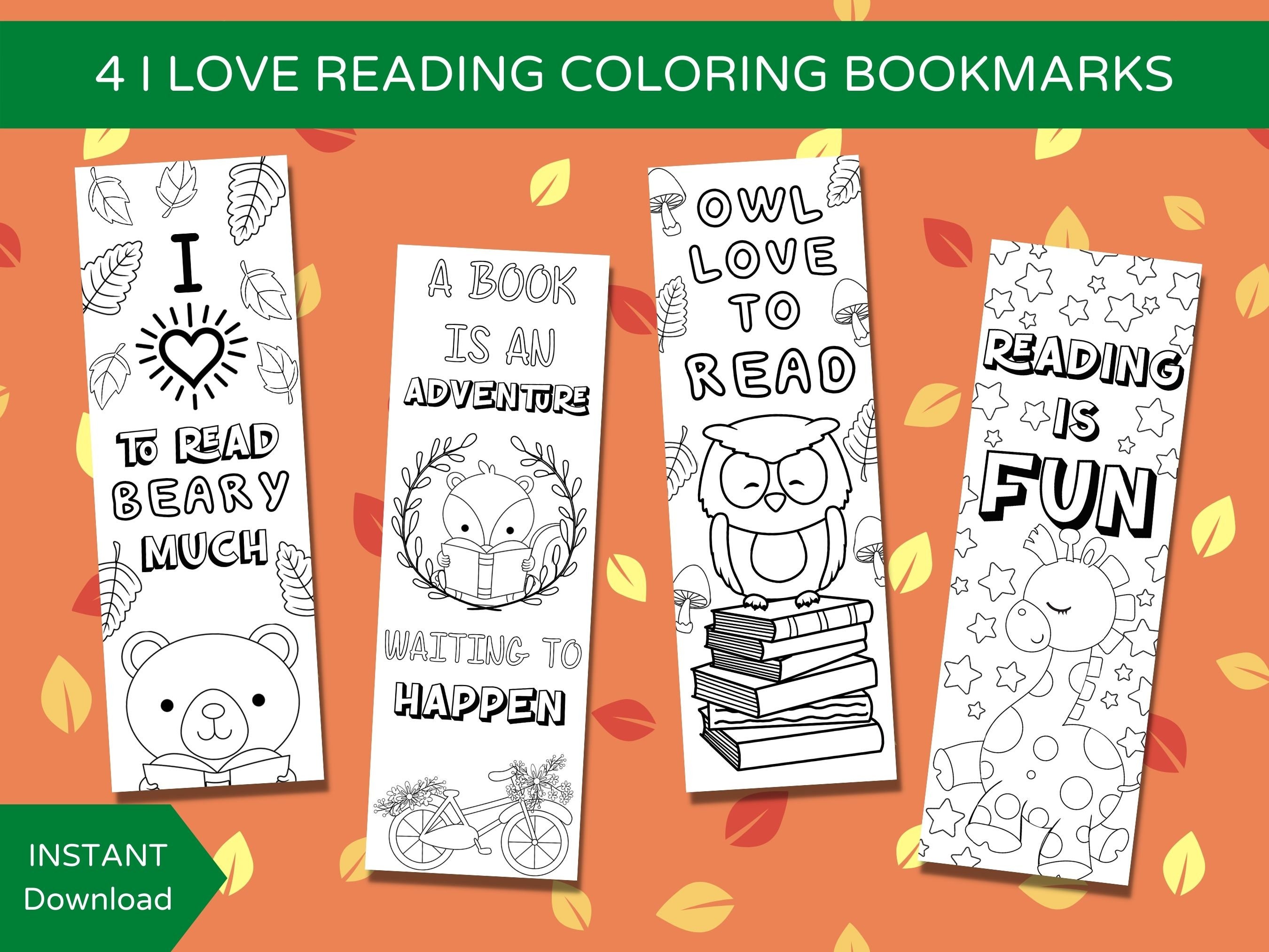 Set of 4 I Love Reading Printable Bookmarks, Animals Reading Coloring ...