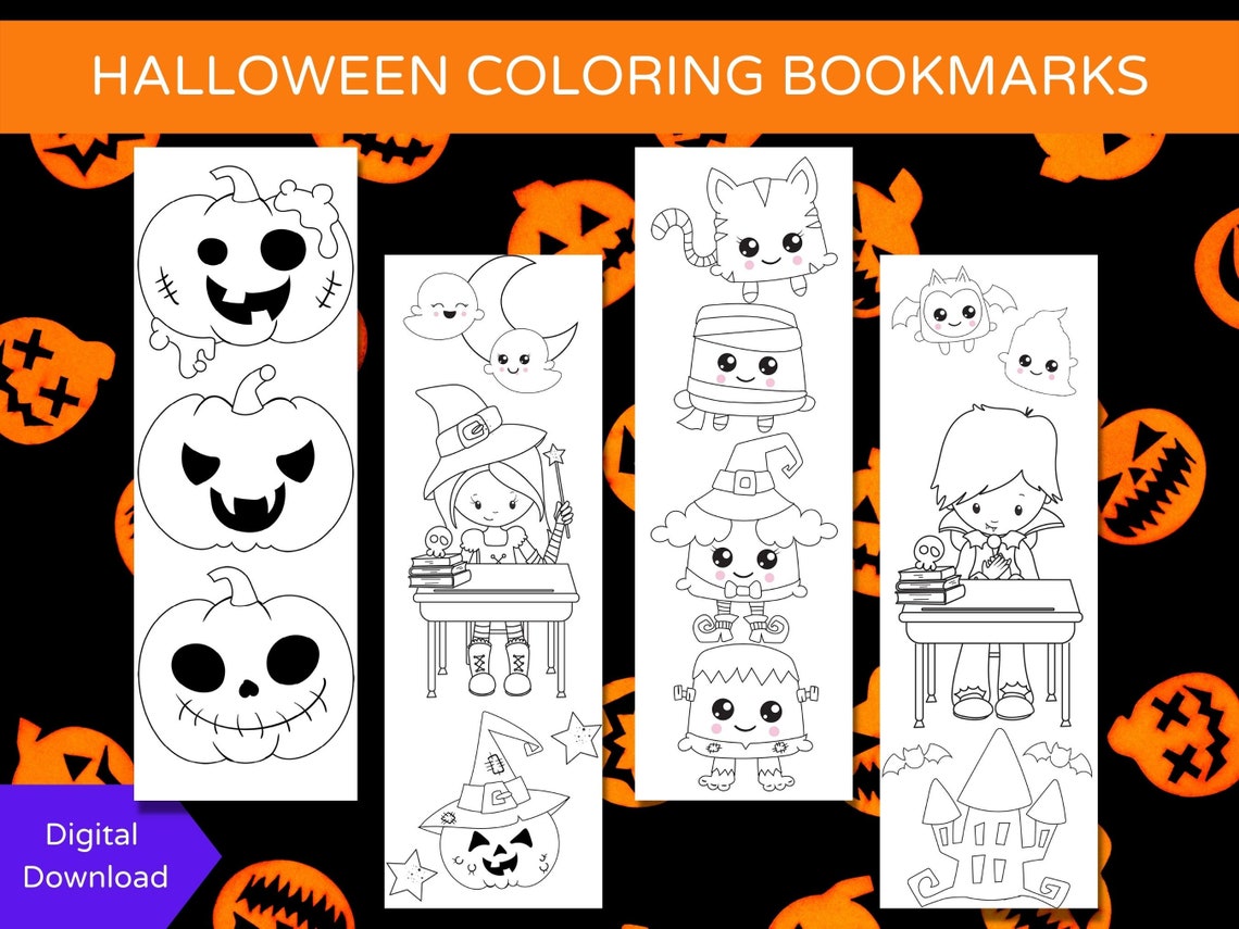 Halloween Coloring Bookmarks, Printable Bookmark Set, Digital Bookmark ...