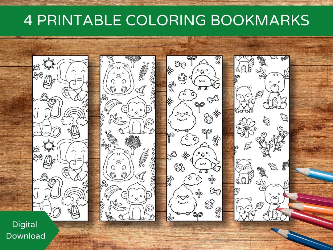 Set of 4 Cute Animal Bookmarks to Color, Printable Animal Bookmark Set ...