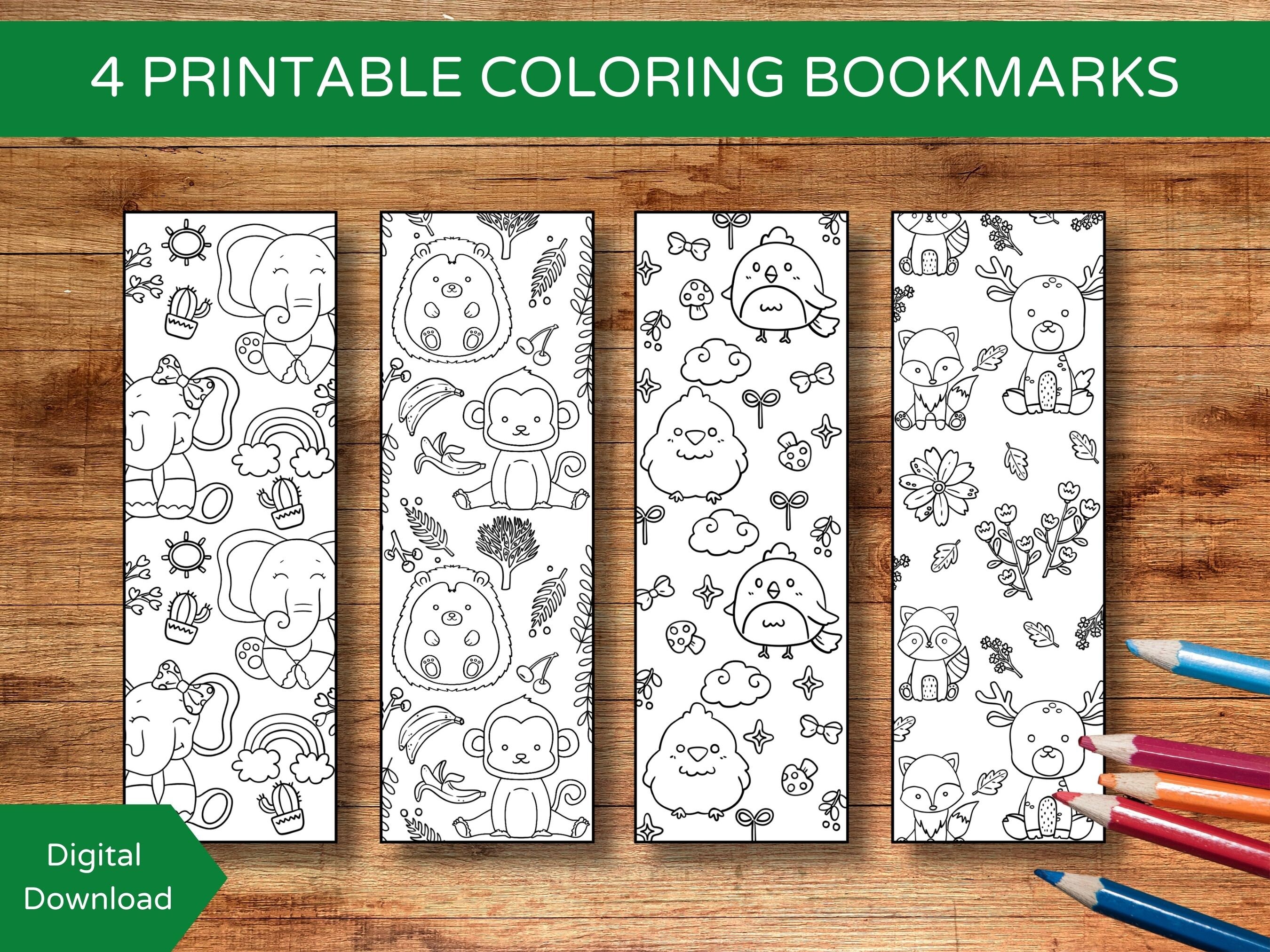 Set of 4 Cute Animal Bookmarks to Color, Printable Animal Bookmark Set ...