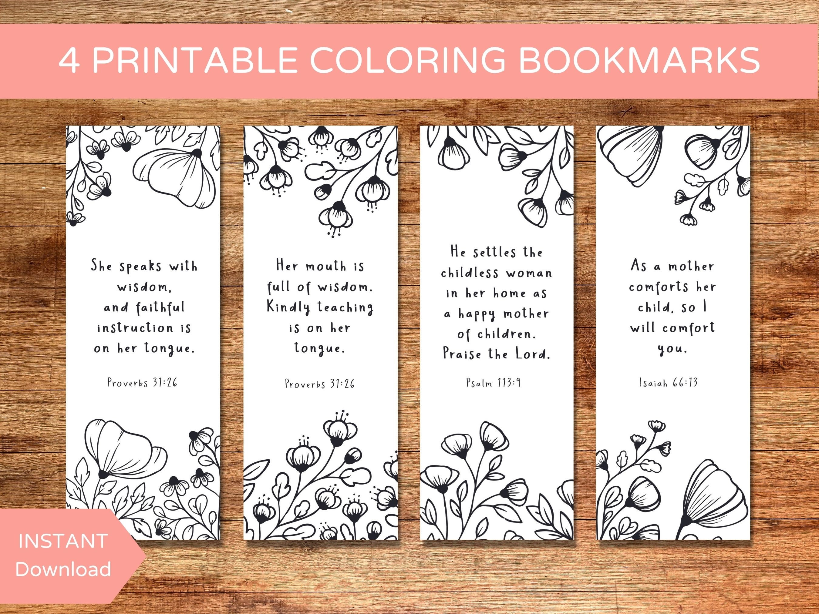 Set of 4 Coloring Bible Bookmarks, Printable Scripture Bookmarks ...