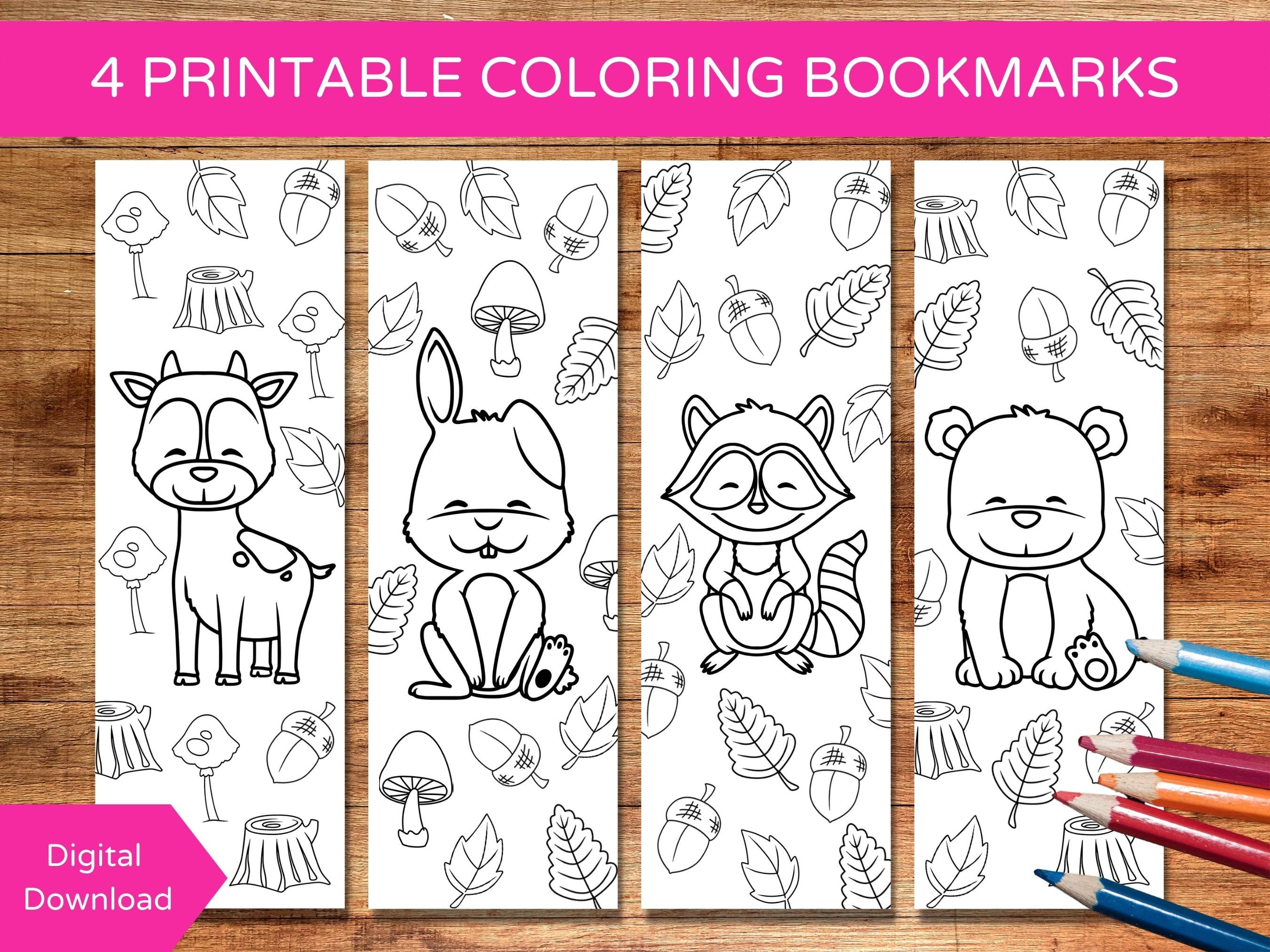 Set of 4 Fall Coloring Bookmarks to Color, Printable Animal Bookmark ...