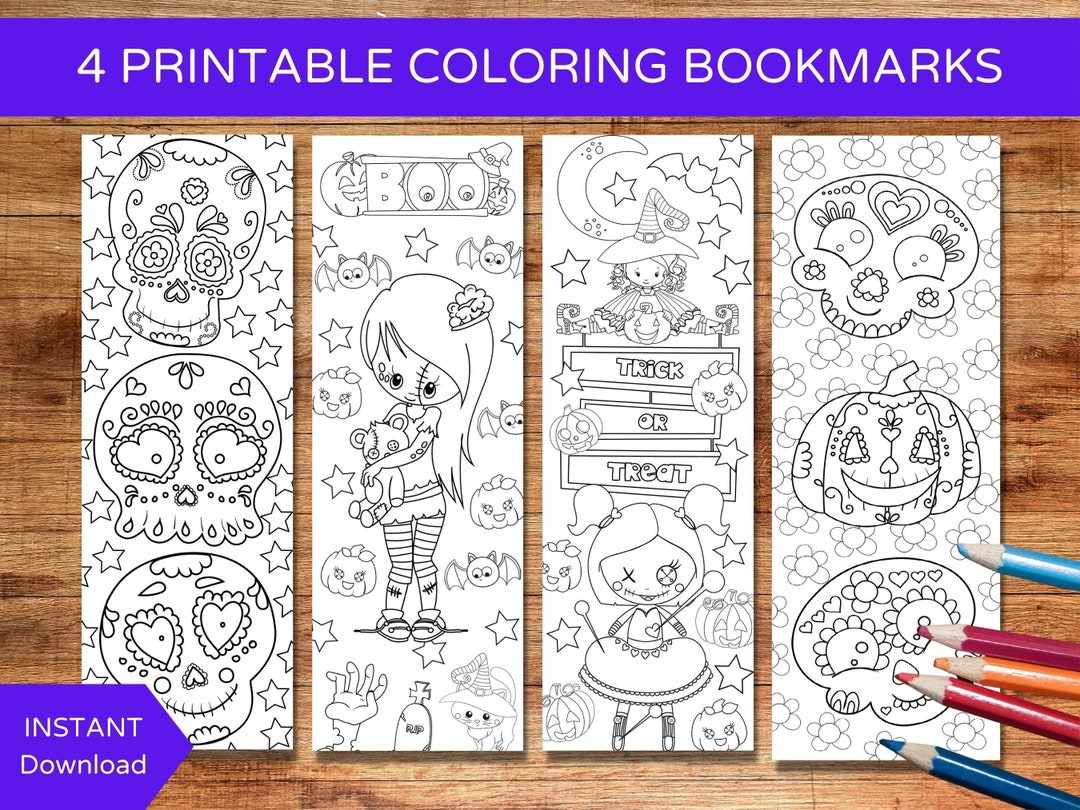 Set of 4 Halloween Coloring Bookmarks, Printable Bookmark Set, Digital ...