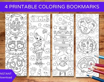 Halloween Coloring Bookmarks, Printable Bookmark Set, Digital Bookmark ...