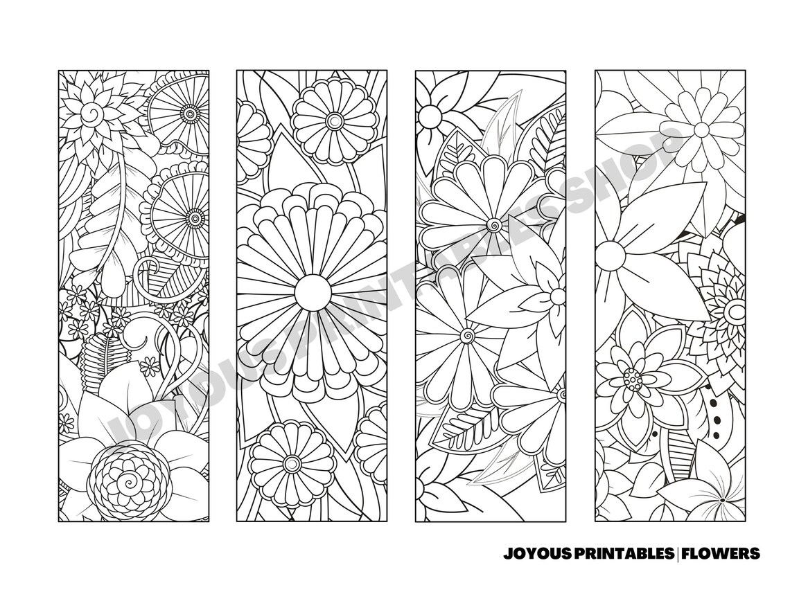 Set of 4 Flower Bookmarks to Color, Printable Floral Bookmarks ...