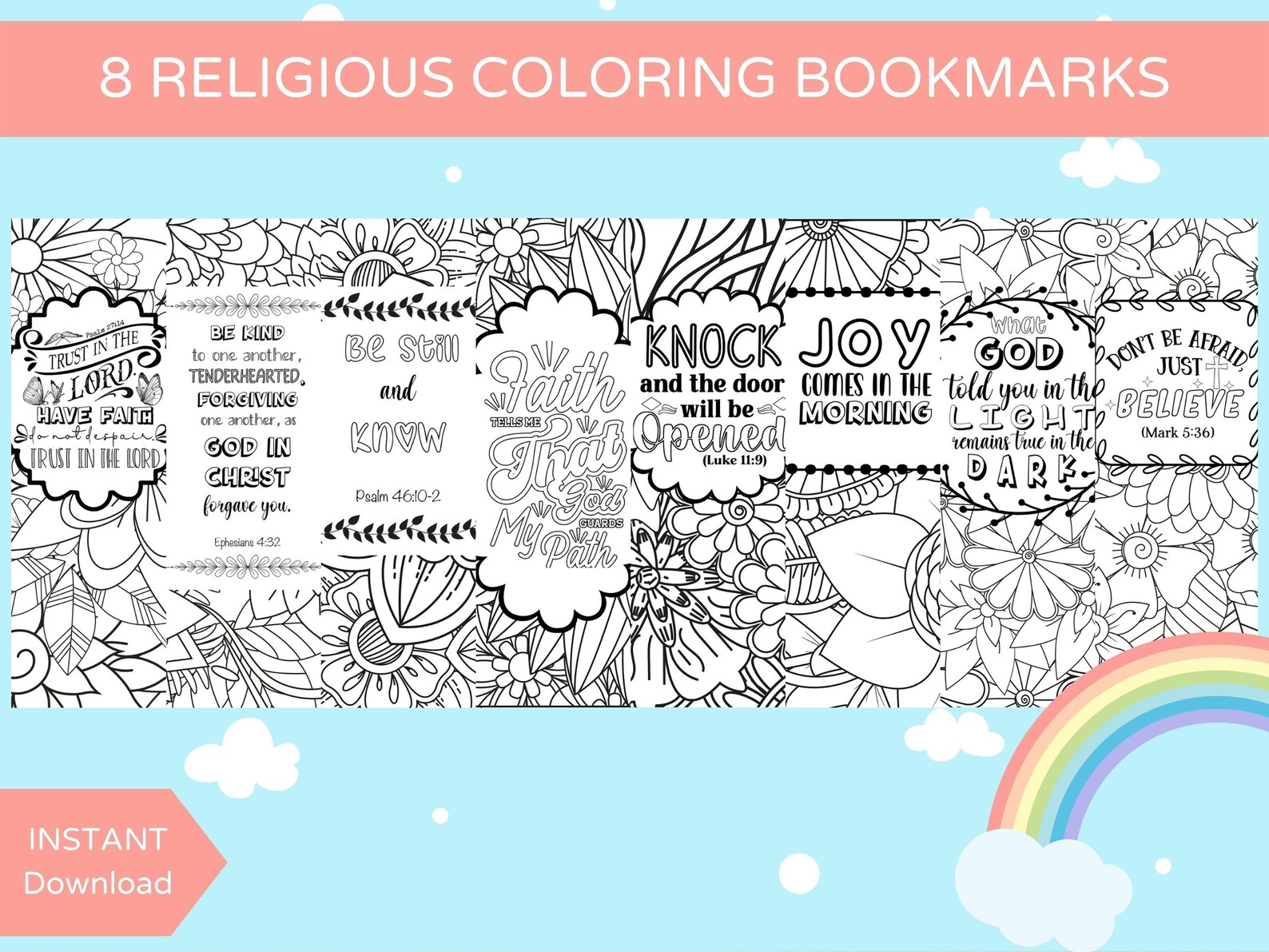 Set of 8 Printable Religious Bookmarks, Bible Verse Coloring Bookmarks ...