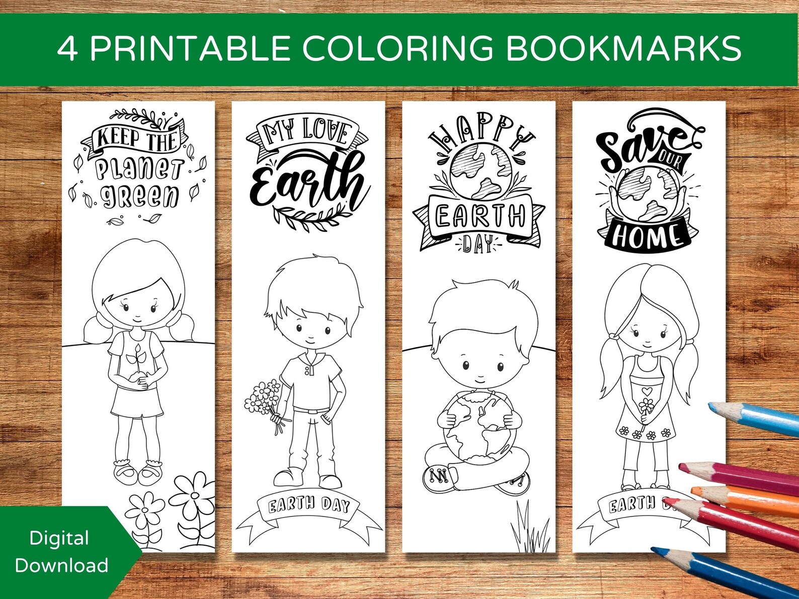 Earth Day Printable Coloring Bookmarks, Earth Day PDF Bookmarks to ...