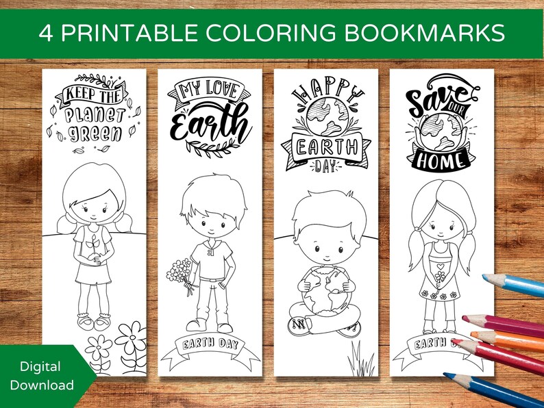 Earth Day Printable Coloring Bookmarks, Earth Day PDF Bookmarks to ...