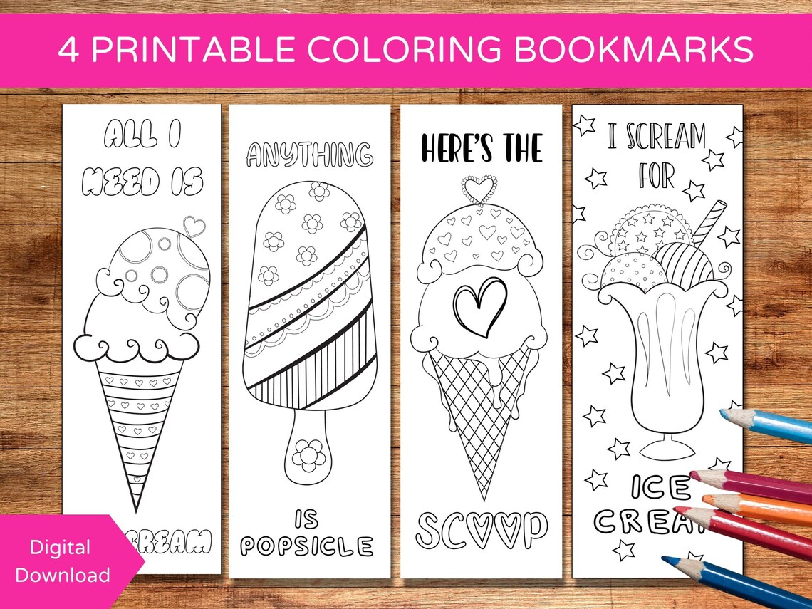 Set of 4 Coloring Bookmarks, Ice Cream-themed Printable Bookmarks to ...