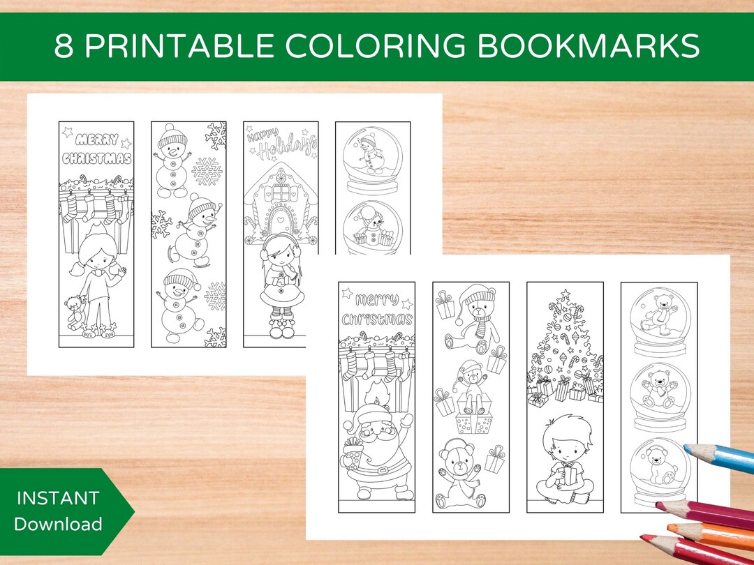 Set of 8 Winter Bookmarks to Color, Kids Printable Christmas Bookmarks ...