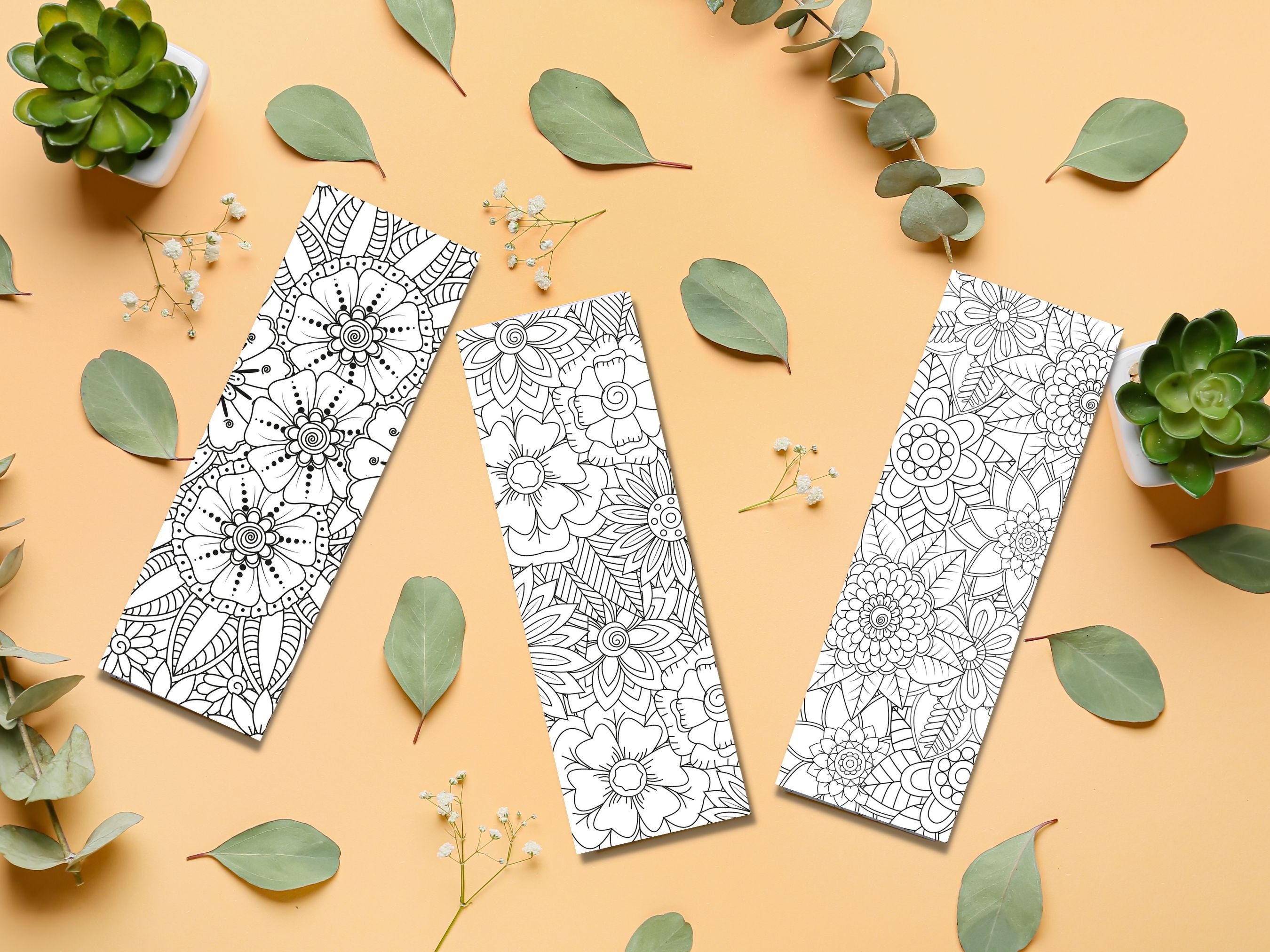 Flower-themed Coloring Bookmarks, Printable Bookmark Set, Digital ...