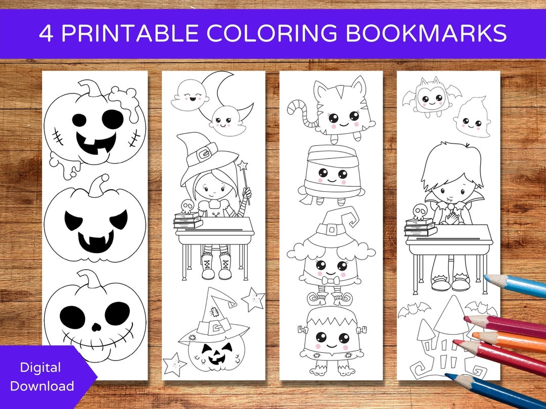 Halloween Coloring Bookmarks, Printable Bookmark Set, Digital Bookmark ...