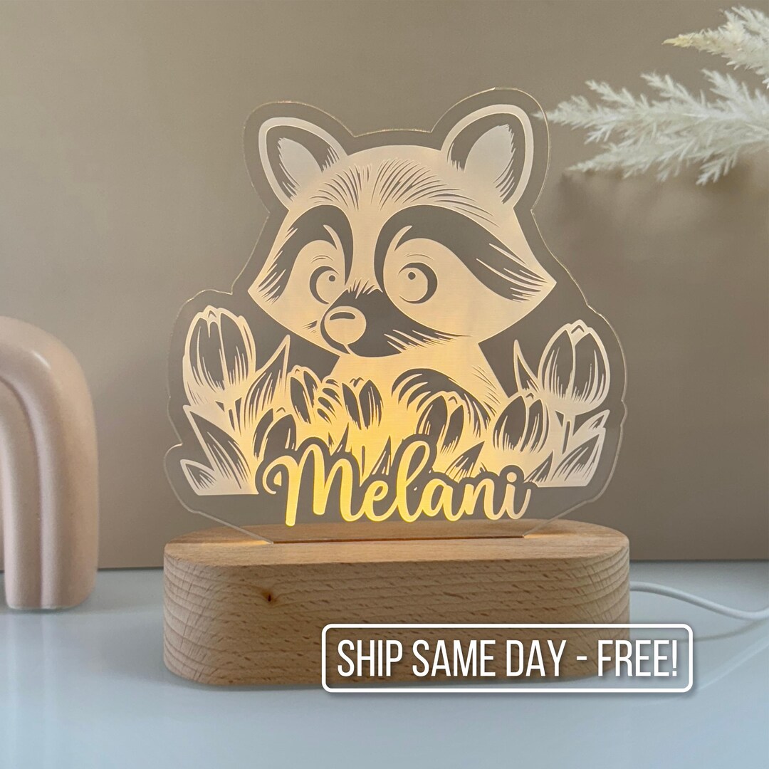 Personalized Raccoon Night Light - Custom LED Lamp Decor, Bedroom Sign ...