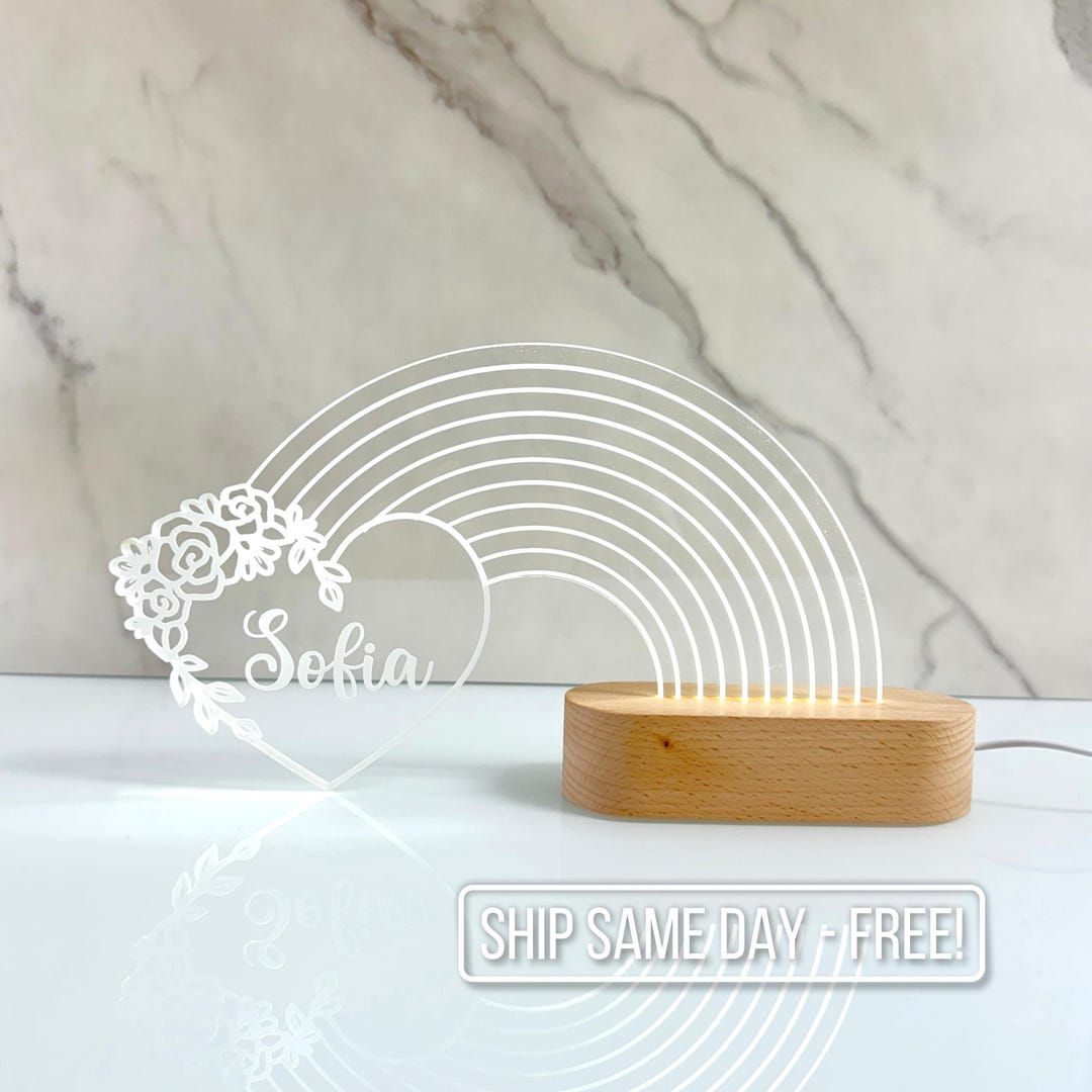 Personalized Rainbow With Heart Night Light - Custom LED Lamp for Kids ...