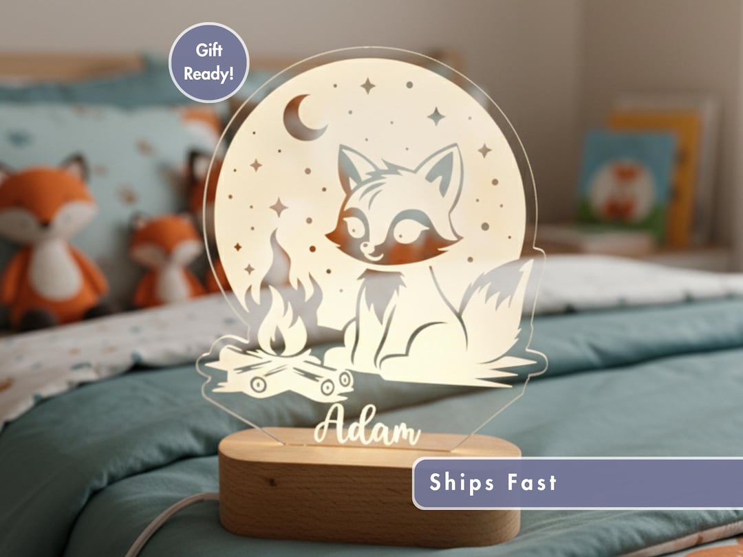 Personalized Fox Night Light - Custom LED Lamp Decor, Bedroom Sign, Boy ...