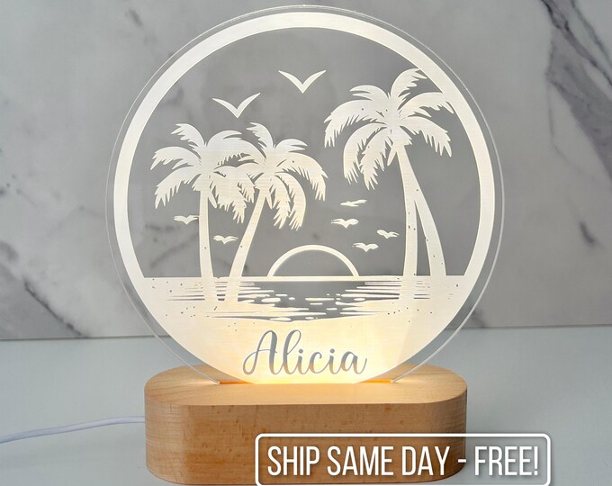 Stained Glass Light Green Palm Tree Nightlight, Tropical Decor, Beach ...