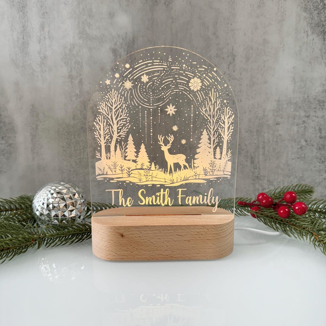 Winter Deer Night Light - Personalized LED Lamp for Family, Under Tree ...