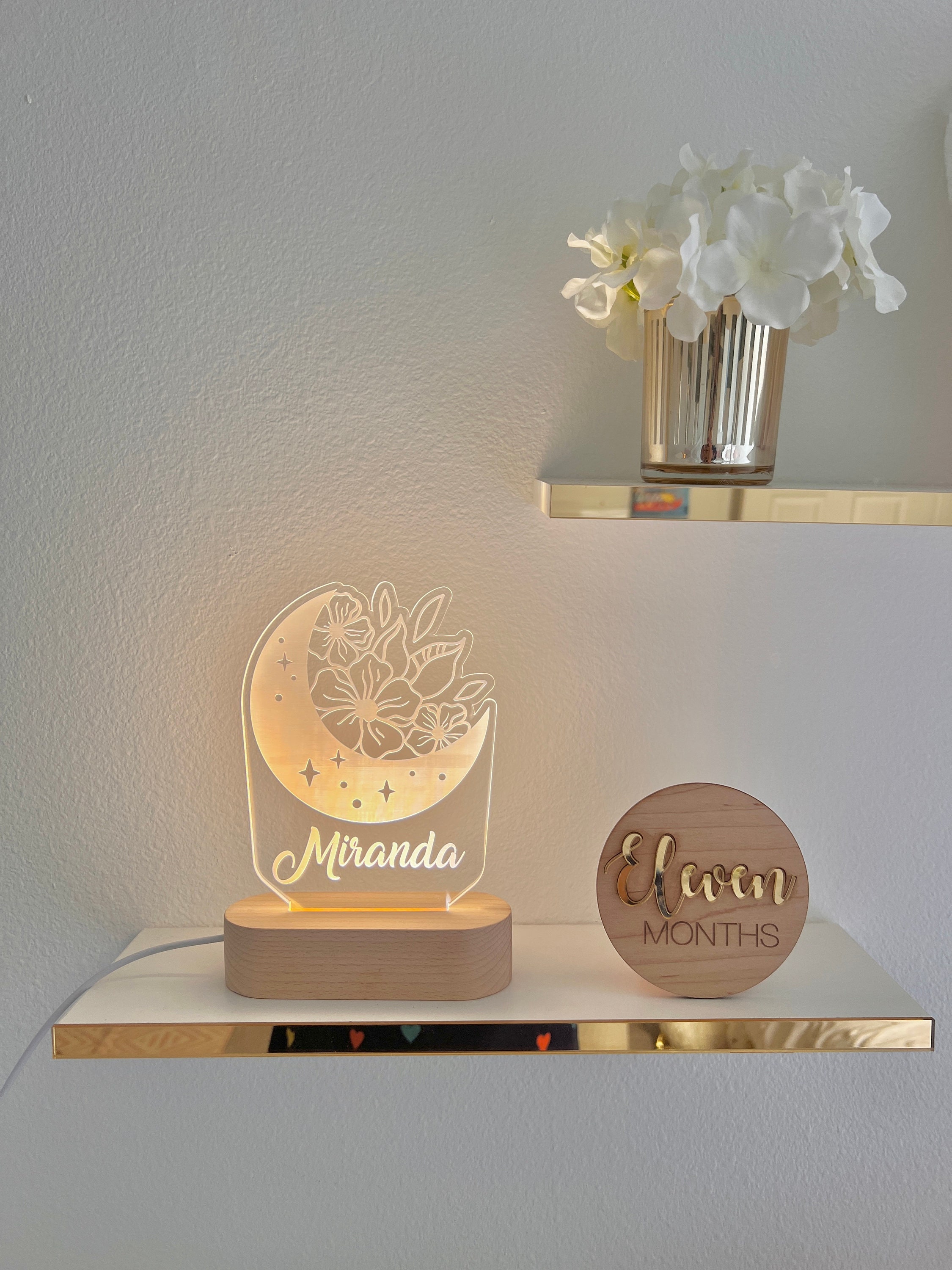 Moon and Flower Custom Name Light Personalized Bedroom LED - Etsy