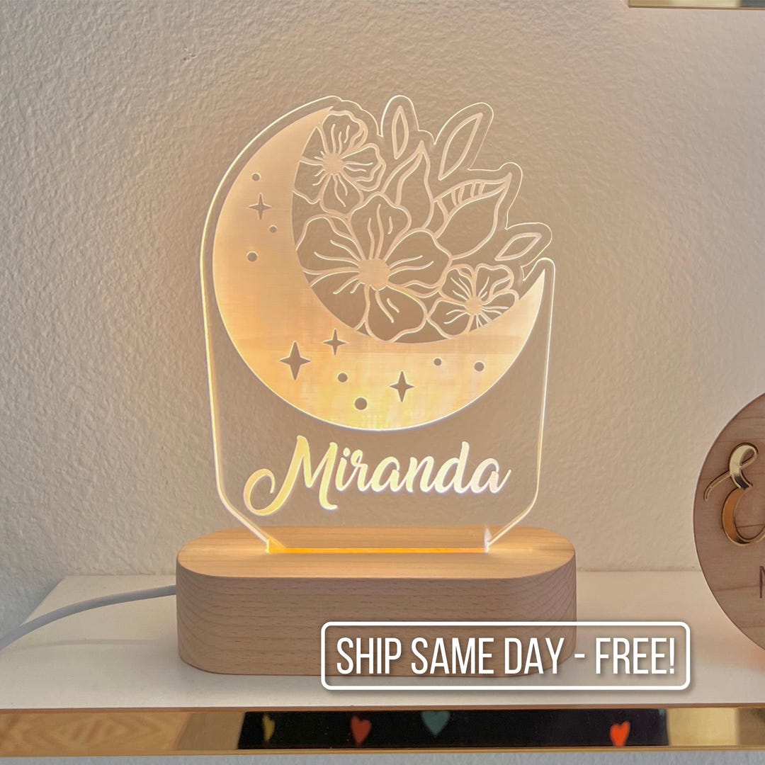 Moon and Flower Custom Name Light | Personalized Bedroom LED Cloud ...