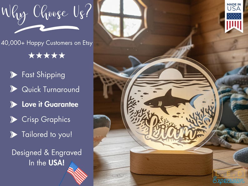 Custom Shark Night Light | Personalized Bedroom LED Marine Decor Sign ...