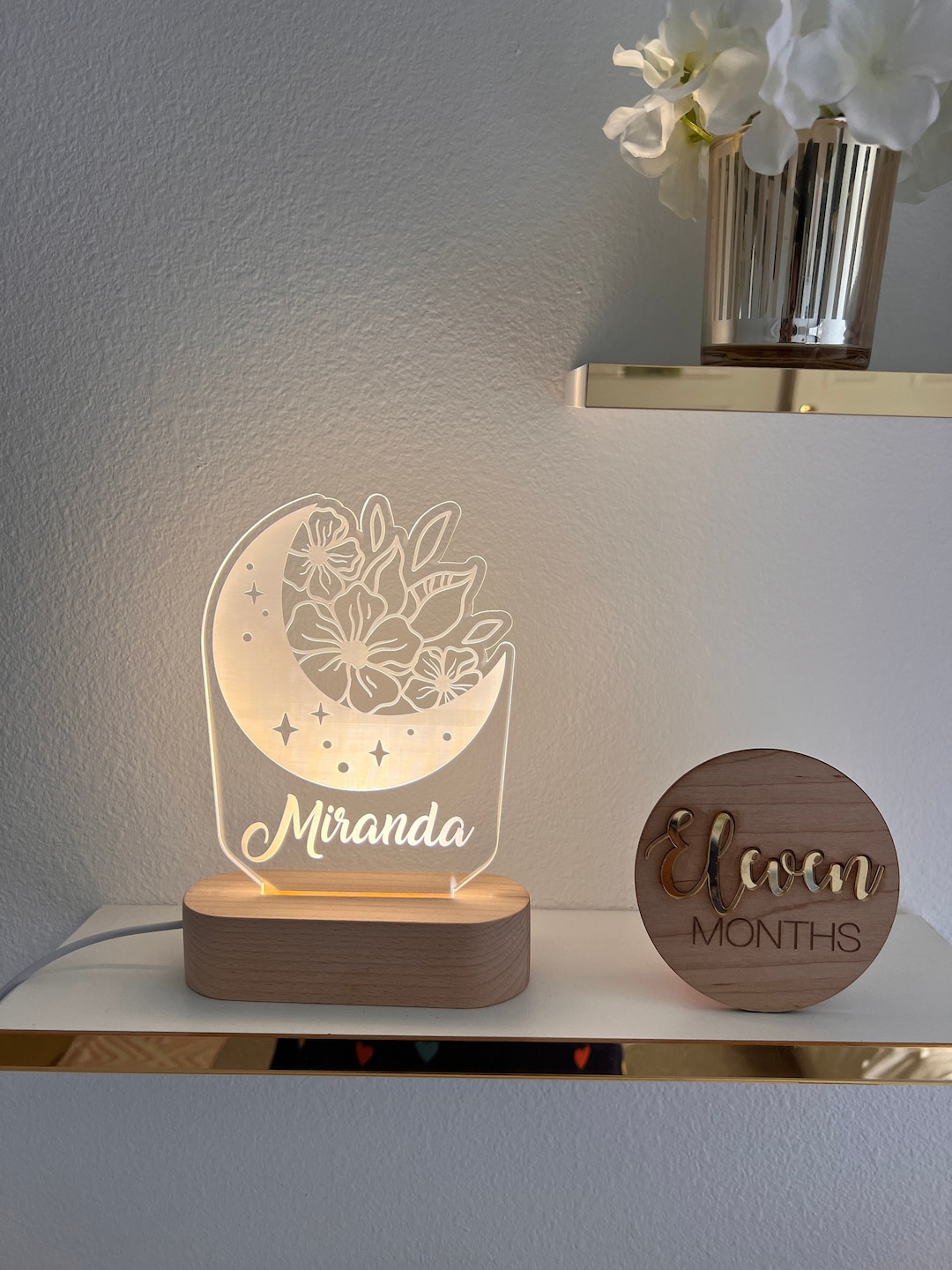 Moon and Flower Custom Name Light Personalized Bedroom LED Cloud Decor ...