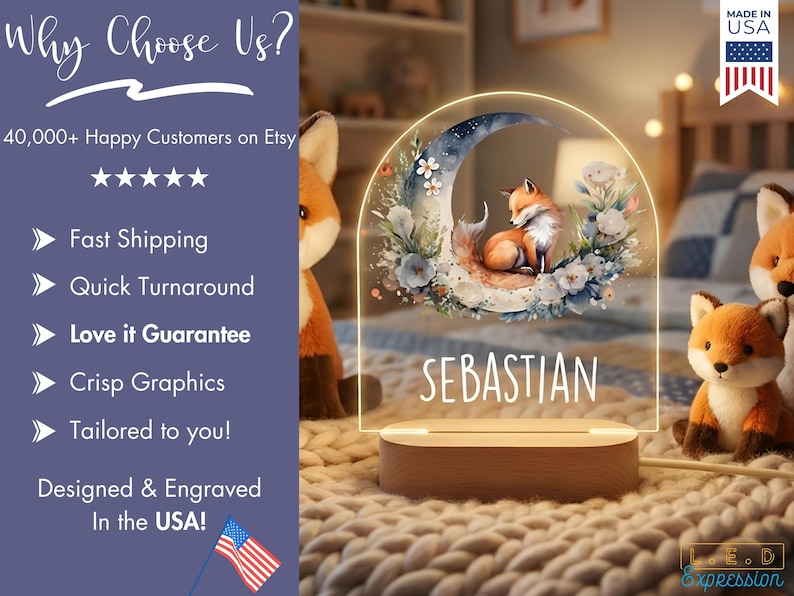 Personalized Fox Night Light - Custom LED Lamp for Kids, Perfect Gift ...