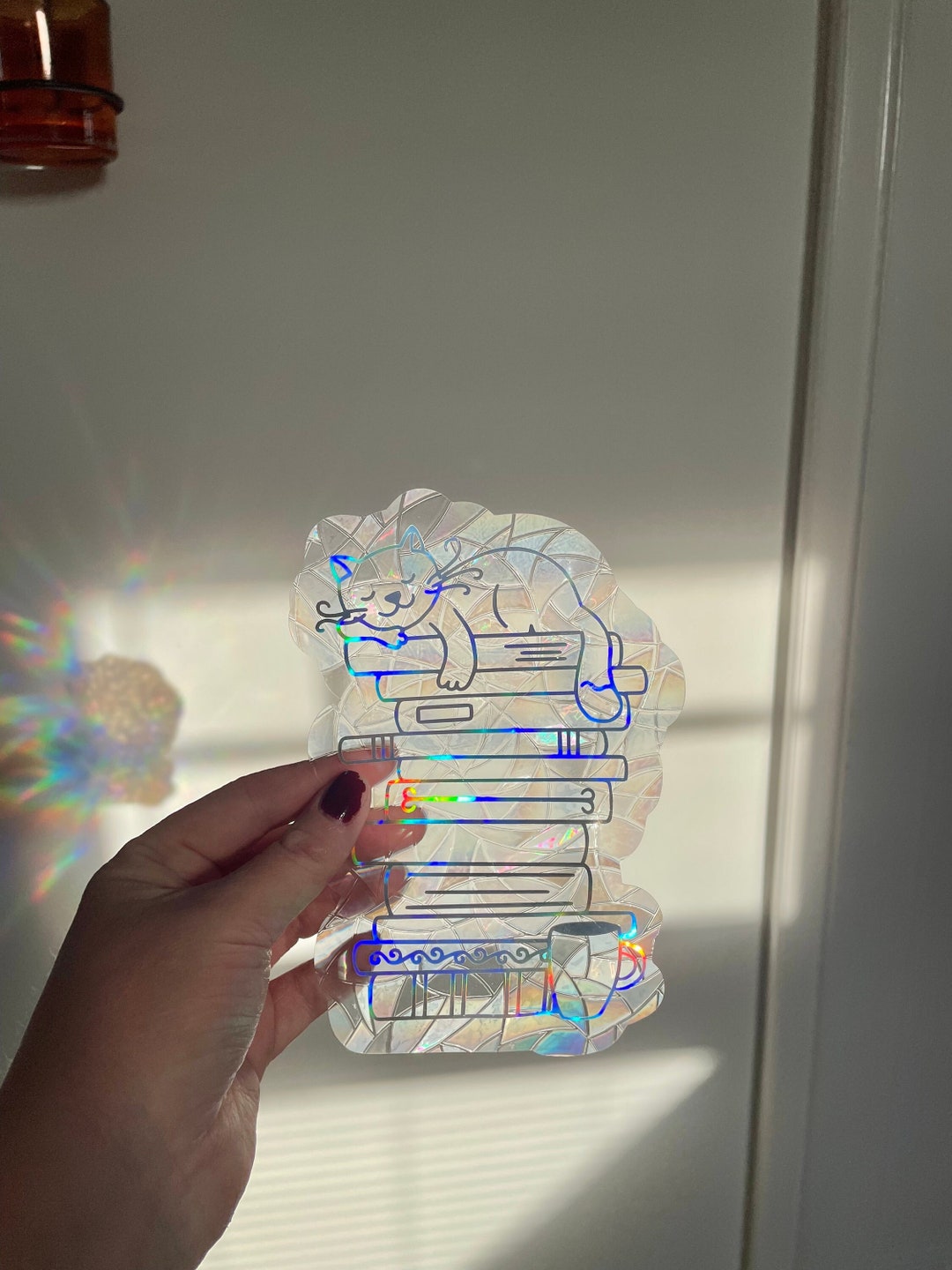 Suncatcher Window Sticker Stack of Books With Sleeping Cat Book Sticker ...