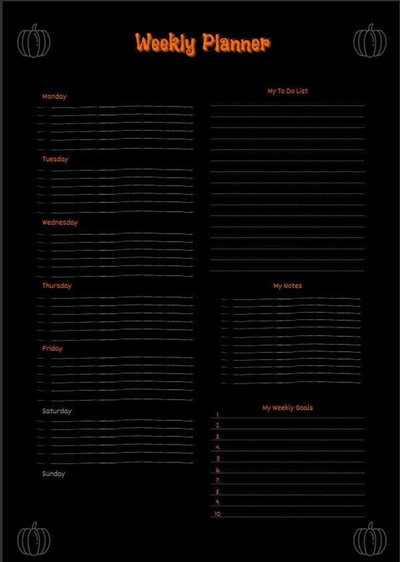 Printable Weekly Planner, Oktober, Halloween, Pumpkin, Black Orange ...