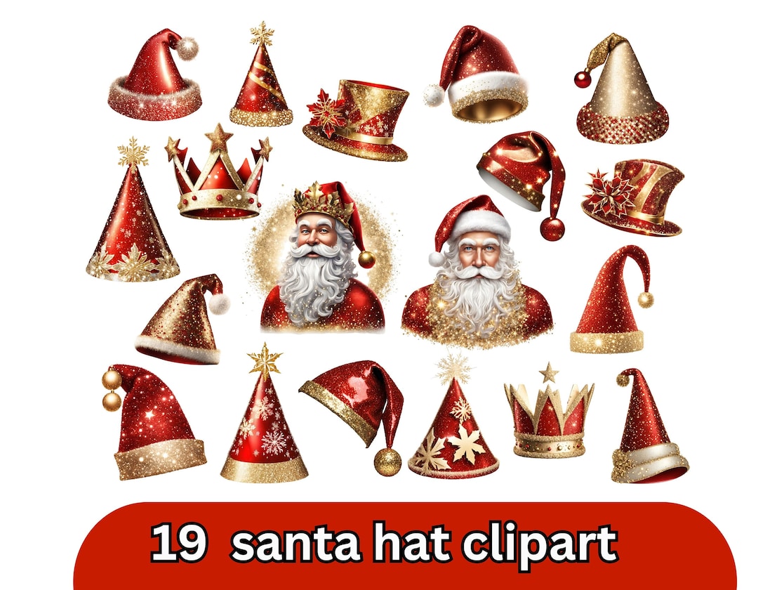 Santa Hat Clipart Golden Christmas Hat Png Glitter Santa Hat - Etsy