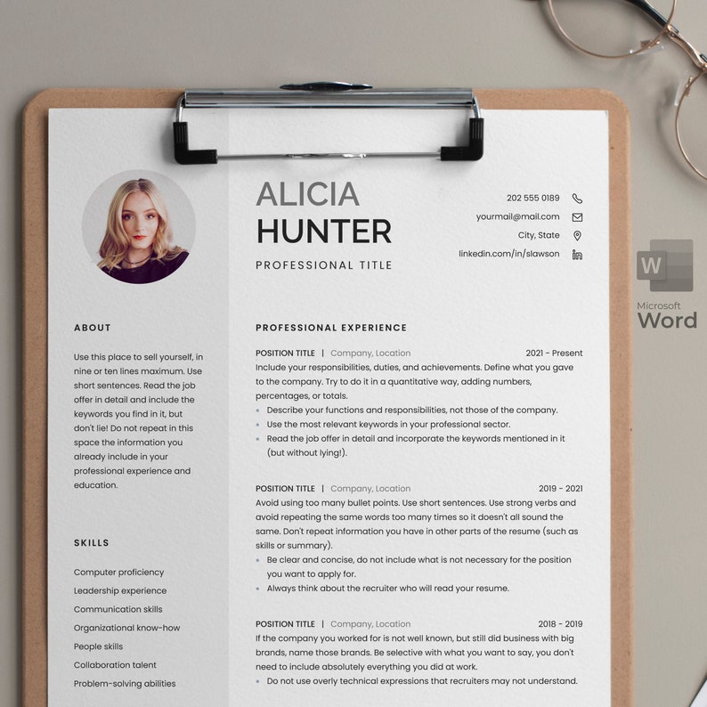 Resume Template for Microsoft Word With Photo. Includes 1 and 2 Page Resume Template, Free Cover ...