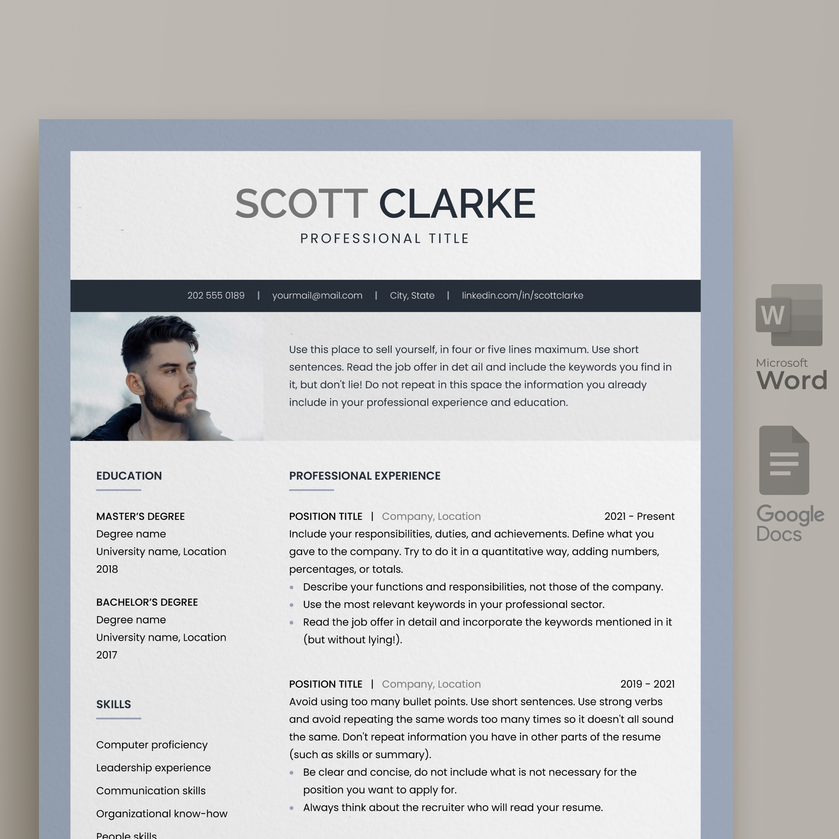 Modern Resume Template for Word and Docs Bundle, With Photo. Includes 1 ...