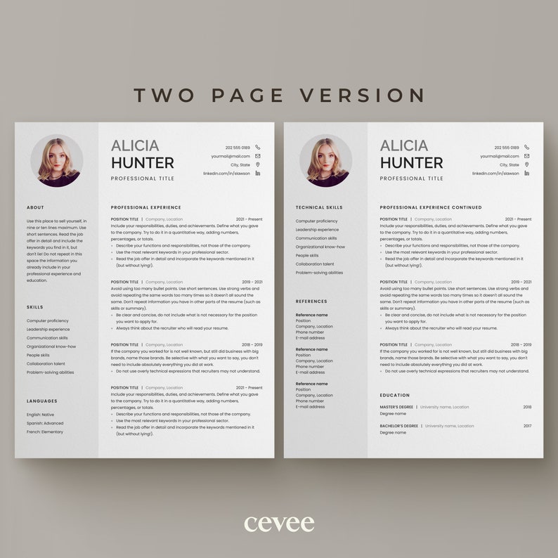 Resume Template for Word and Docs Bundle, With Photo. Includes 1 and 2 Page Resume Template ...