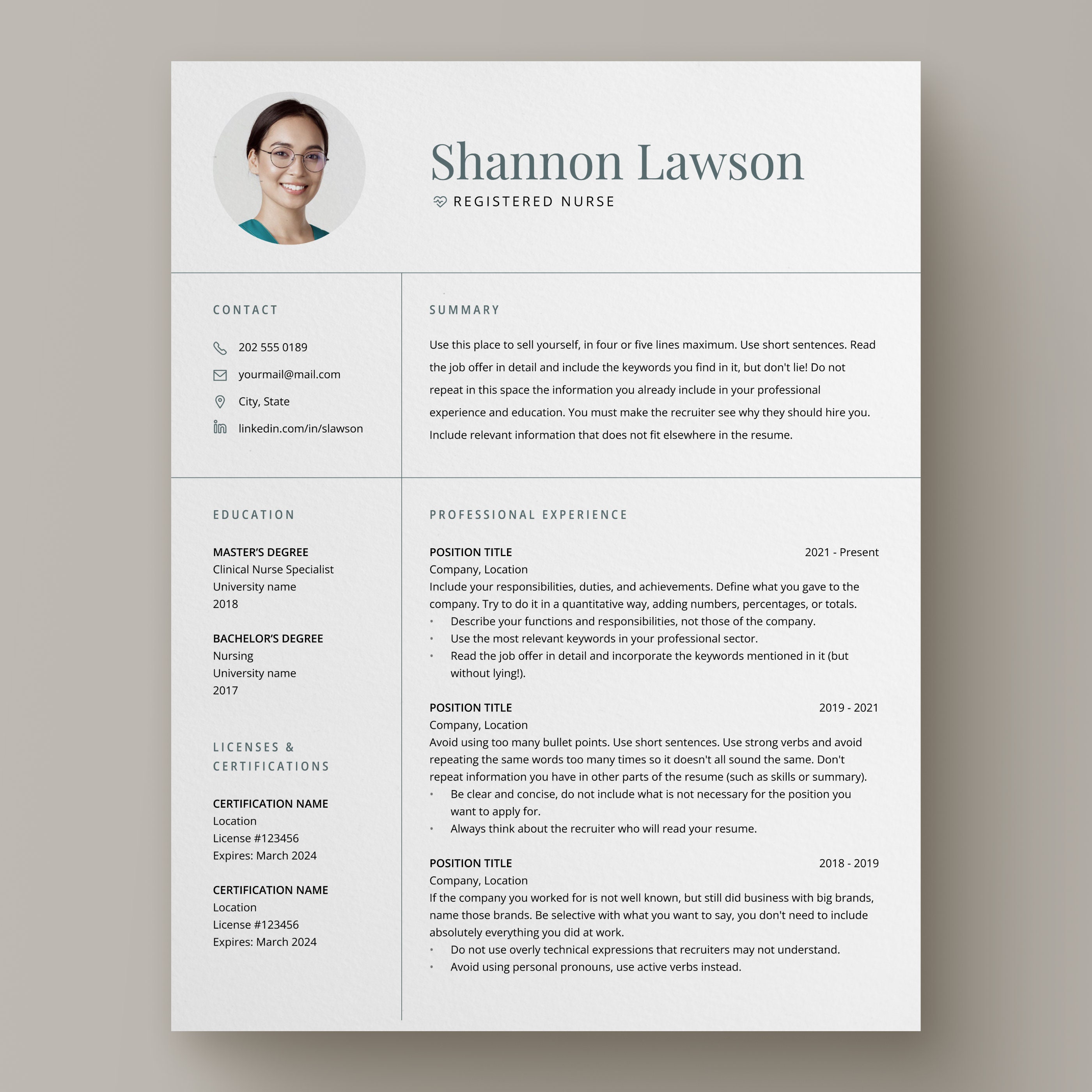 Registered Nurse Resume Template for Microsoft Word. With Photo ...