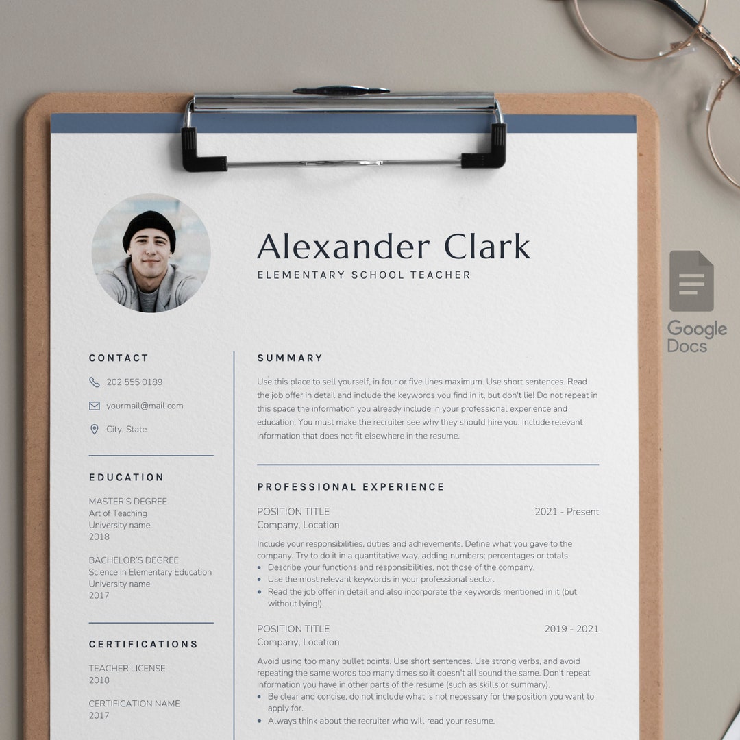 Teacher Resume Template for Google Docs, With Photo. Includes One and ...