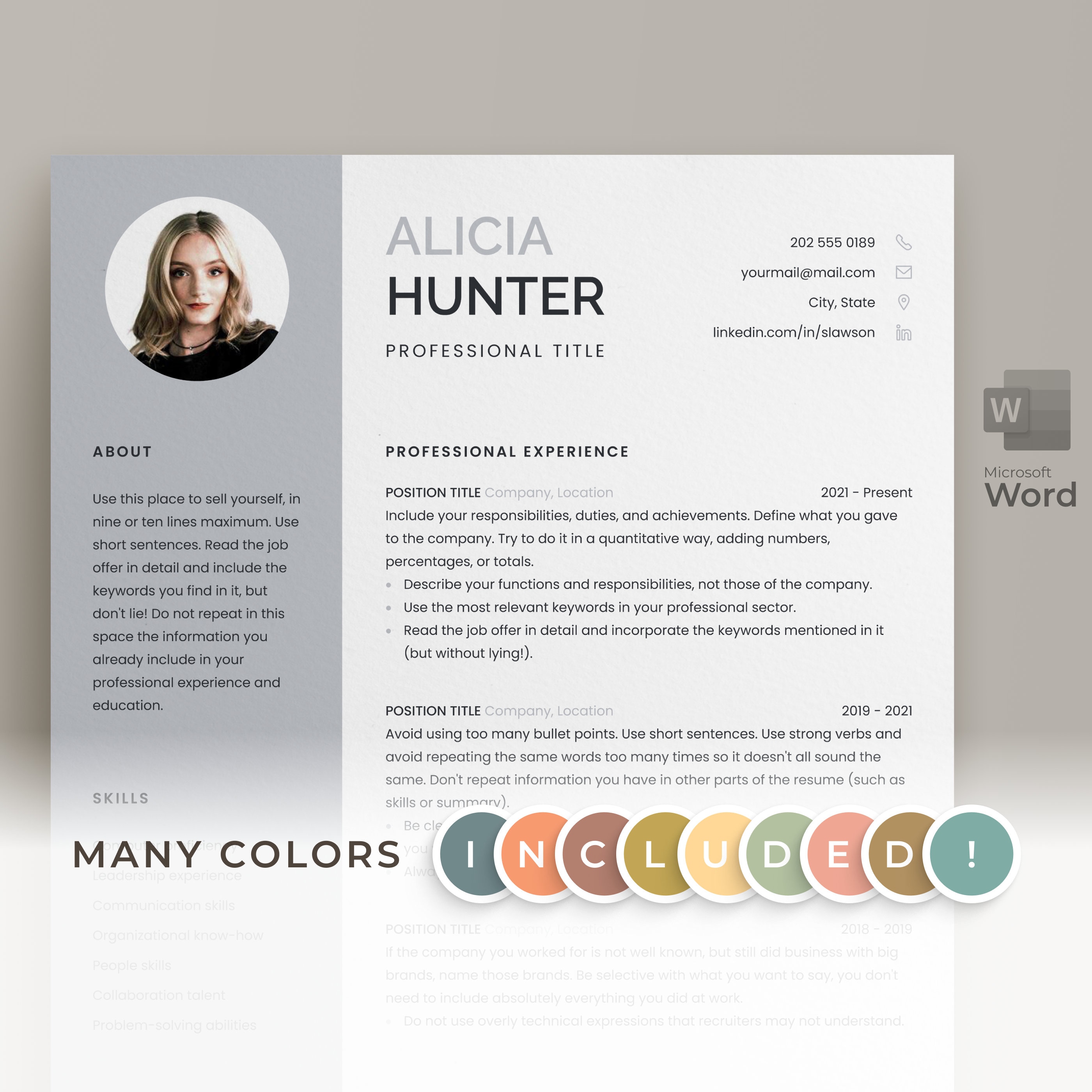 Resume Template for Microsoft Word With Photo. Includes 1 and 2 Page Resume Template, Free Cover ...