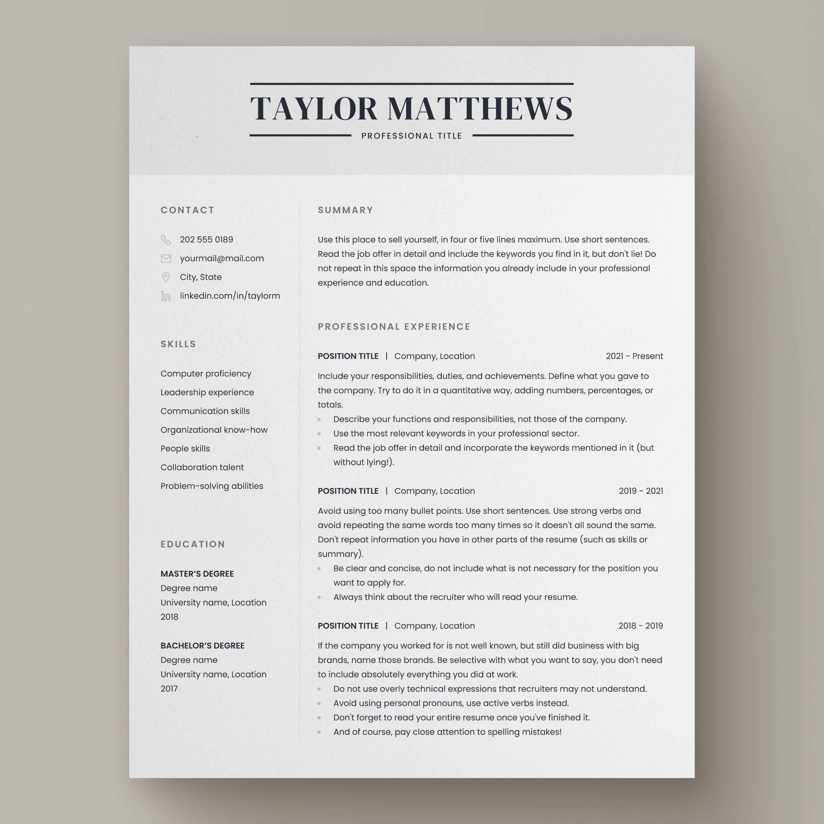 Executive Resume Template for Word and Docs Bundle. Includes 1 and 2 Page Resume Template, Free ...