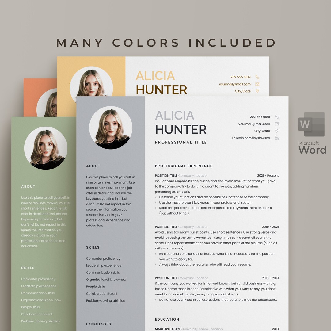 Resume Template for Microsoft Word With Photo. Includes 1 and 2 Page ...